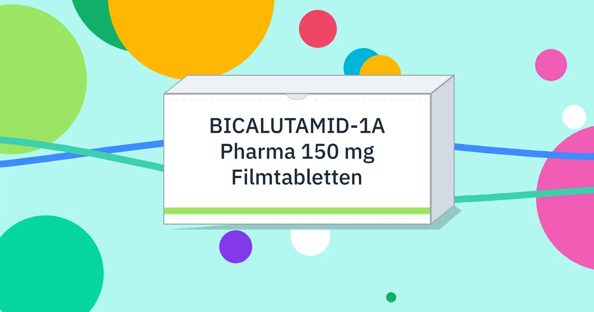 Symbolbild: Packung mit der Aufschrift BICALUTAMID-1A Pharma 150 mg Filmtabletten (PZN 18155619) – Verfügbarkeit und Bezug in Apotheken in Frankfurt am Main