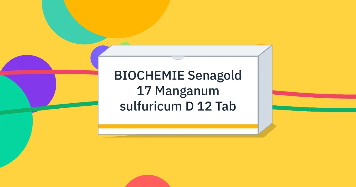 Symbolbild: Packung mit der Aufschrift BIOCHEMIE Senagold 17 Manganum sulfuricum D 12 Tab (PZN 07544482) – Verfügbarkeit und Bezug in Apotheken in Frankfurt am Main