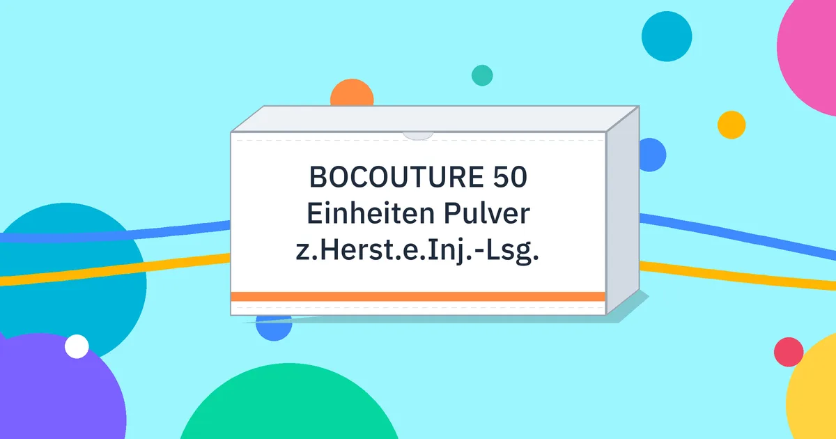 Symbolbild: Packung mit der Aufschrift BOCOUTURE 50 Einheiten Pulver z.Herst.e.Inj.-Lsg. (PZN 18220630) – Verfügbarkeit und Bezug in Apotheken in Frankfurt am Main