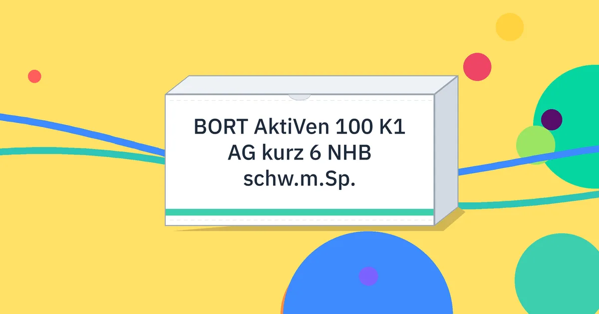 Symbolbild: Packung mit der Aufschrift BORT AktiVen 100 K1 AG kurz 6 NHB schw.m.Sp. (PZN 14388433) – Verfügbarkeit und Bezug in Apotheken in Frankfurt am Main