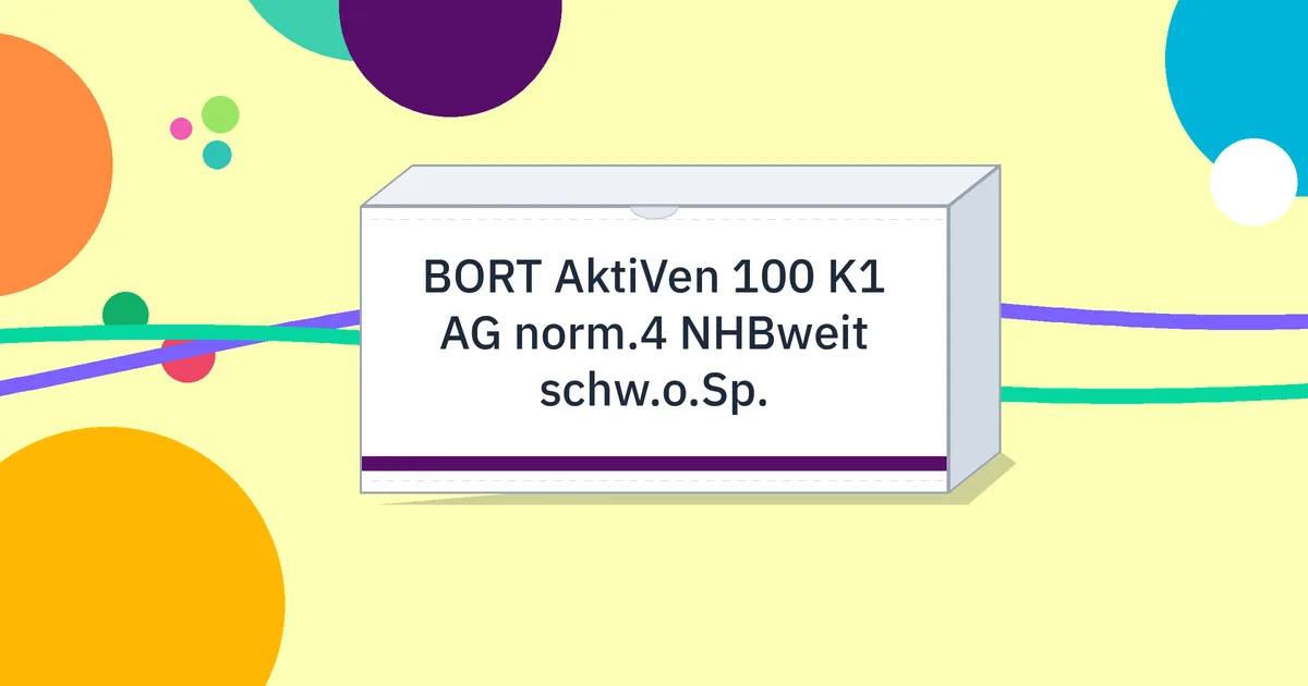 Symbolbild: Packung mit der Aufschrift BORT AktiVen 100 K1 AG norm.4 NHBweit schw.o.Sp. (PZN 14387669) – Verfügbarkeit und Bezug in Apotheken in Frankfurt am Main
