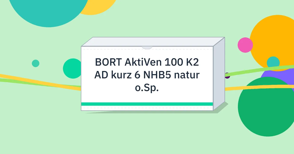 Symbolbild: Packung mit der Aufschrift BORT AktiVen 100 K2 AD kurz 6 NHB5 natur o.Sp. (PZN 17493923) – Verfügbarkeit und Bezug in Apotheken in Frankfurt am Main