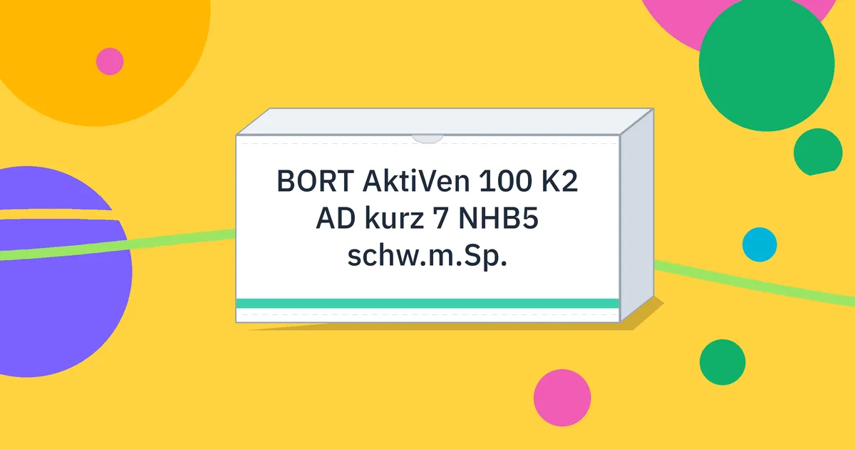 Symbolbild: Packung mit der Aufschrift BORT AktiVen 100 K2 AD kurz 7 NHB5 schw.m.Sp. (PZN 17497163) – Verfügbarkeit und Bezug in Apotheken in Frankfurt am Main
