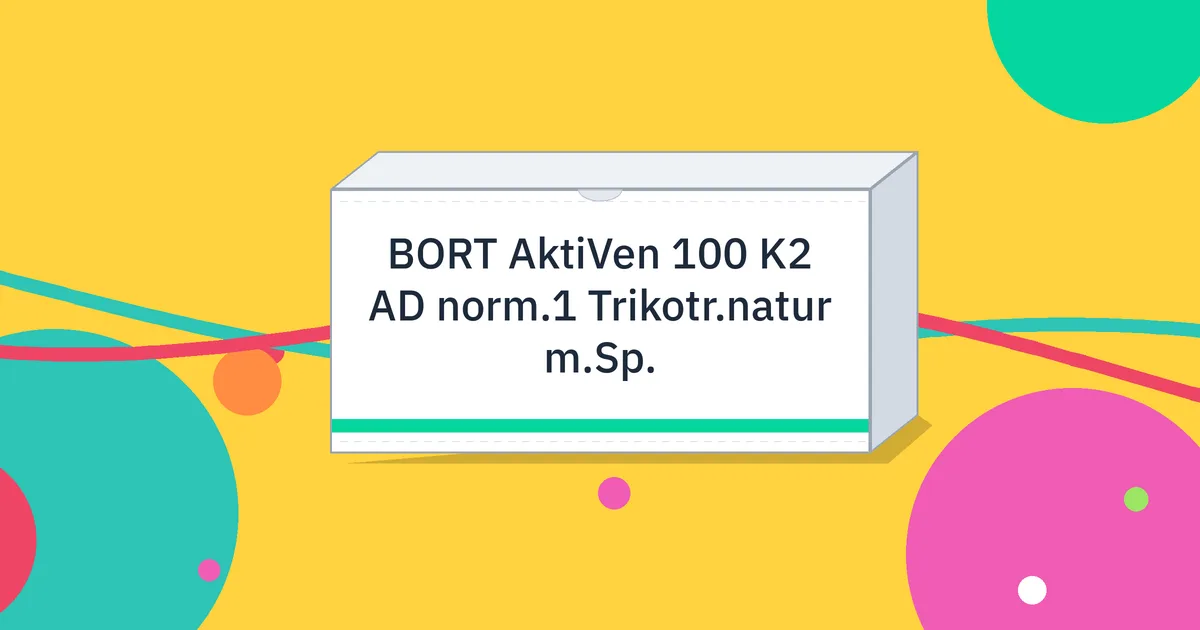 Symbolbild: Packung mit der Aufschrift BORT AktiVen 100 K2 AD norm.1 Trikotr.natur m.Sp. (PZN 13726431) – Verfügbarkeit und Bezug in Apotheken in Frankfurt am Main