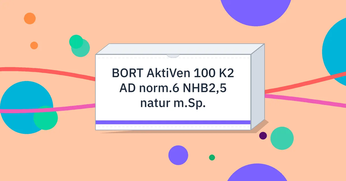 Symbolbild: Packung mit der Aufschrift BORT AktiVen 100 K2 AD norm.6 NHB2,5 natur m.Sp. (PZN 17498783) – Verfügbarkeit und Bezug in Apotheken in Frankfurt am Main