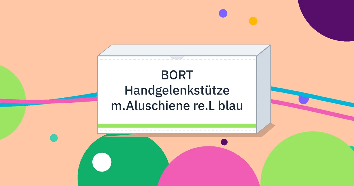 Symbolbild: Packung mit der Aufschrift BORT Handgelenkstütze m.Aluschiene re.L blau (PZN 00945321) – Verfügbarkeit und Bezug in Apotheken in Frankfurt am Main