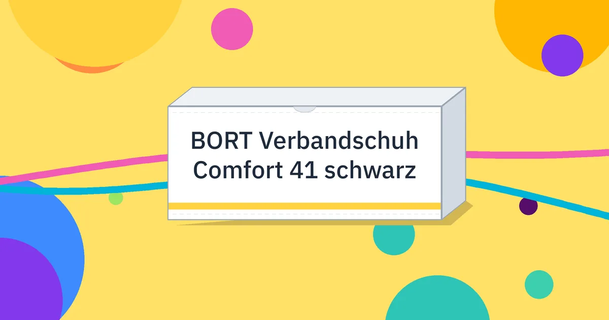 Symbolbild: Packung mit der Aufschrift BORT Verbandschuh Comfort 41 schwarz (PZN 02730837) – Verfügbarkeit und Bezug in Apotheken in Frankfurt am Main
