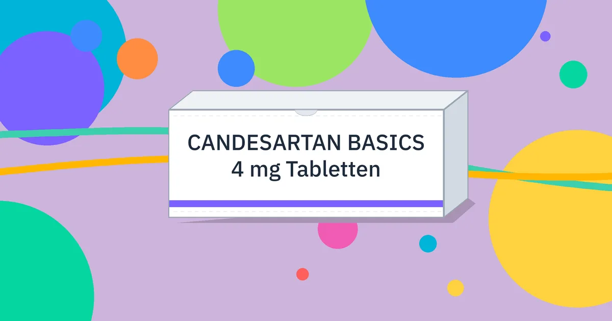 Symbolbild: Packung mit der Aufschrift CANDESARTAN BASICS 4 mg Tabletten (PZN 09482779) – Verfügbarkeit und Bezug in Apotheken in Frankfurt am Main