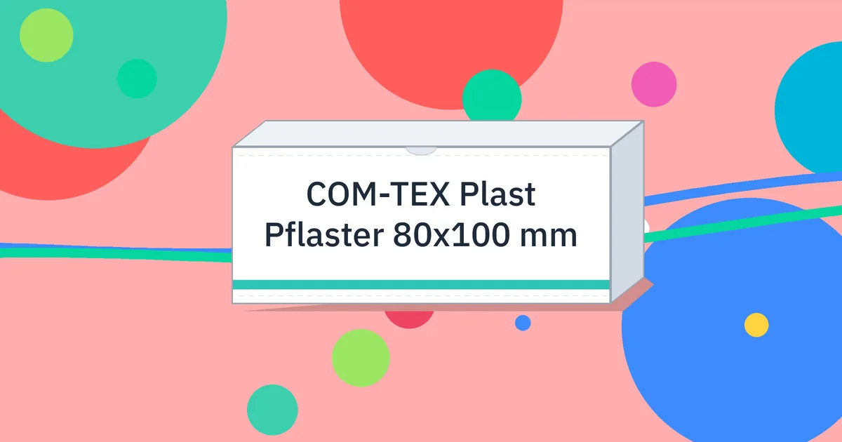 Symbolbild: Packung mit der Aufschrift COM-TEX Plast Pflaster 80x100 mm (PZN 08812571) – Verfügbarkeit und Bezug in Apotheken in Frankfurt am Main