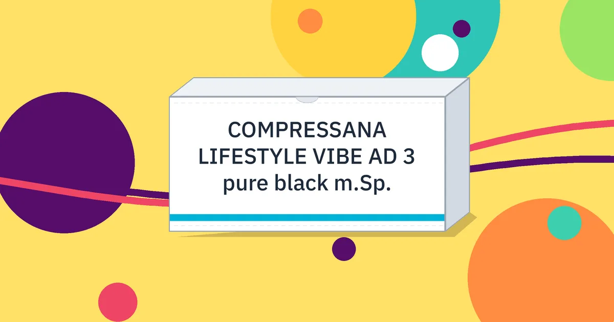 Symbolbild: Packung mit der Aufschrift COMPRESSANA LIFESTYLE VIBE AD 3 pure black m.Sp. (PZN 19659753) – Verfügbarkeit und Bezug in Apotheken in Frankfurt am Main