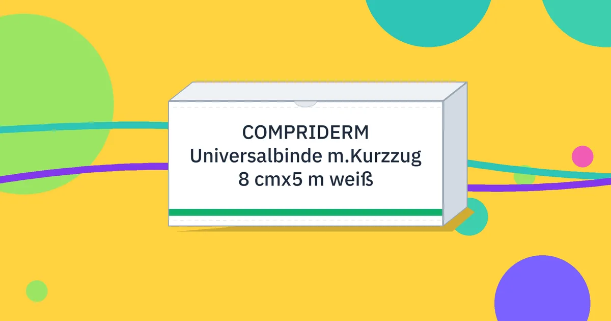 Symbolbild: Packung mit der Aufschrift COMPRIDERM Universalbinde m.Kurzzug 8 cmx5 m weiß (PZN 05549386) – Verfügbarkeit und Bezug in Apotheken in Frankfurt am Main