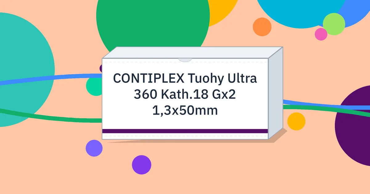 Symbolbild: Packung mit der Aufschrift CONTIPLEX Tuohy Ultra 360 Kath.18 Gx2 1,3x50mm (PZN 12471905) – Verfügbarkeit und Bezug in Apotheken in Frankfurt am Main