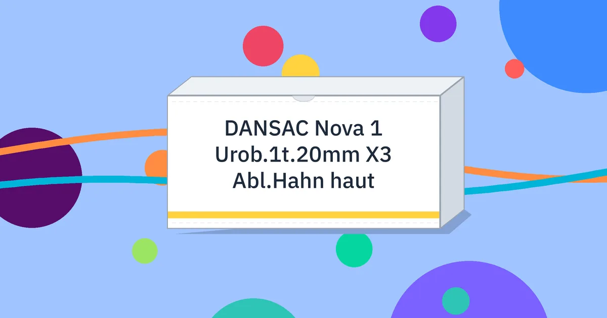 Symbolbild: Packung mit der Aufschrift DANSAC Nova 1 Urob.1t.20mm X3 Abl.Hahn haut (PZN 01994735) – Verfügbarkeit und Bezug in Apotheken in Frankfurt am Main