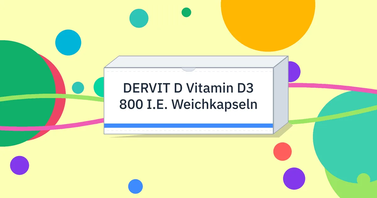Symbolbild: Packung mit der Aufschrift DERVIT D Vitamin D3 800 I.E. Weichkapseln (PZN 19687525) – Verfügbarkeit und Bezug in Apotheken in Frankfurt am Main