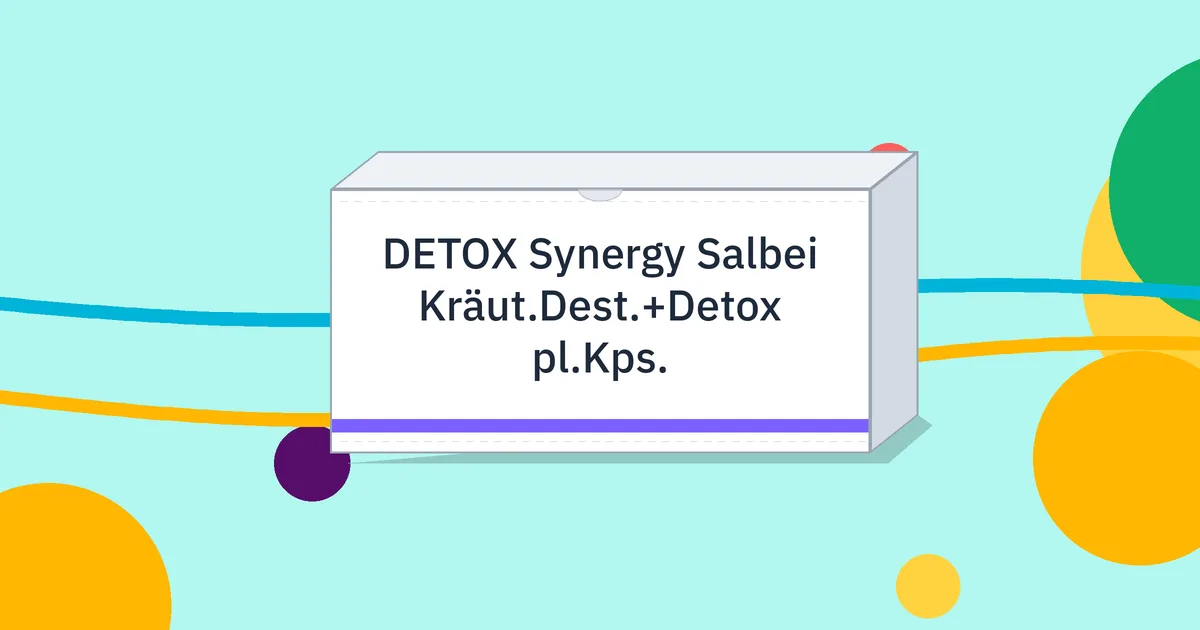 Symbolbild: Packung mit der Aufschrift DETOX Synergy Salbei Kräut.Dest.+Detox pl.Kps. (PZN 08434784) – Verfügbarkeit und Bezug in Apotheken in Frankfurt am Main