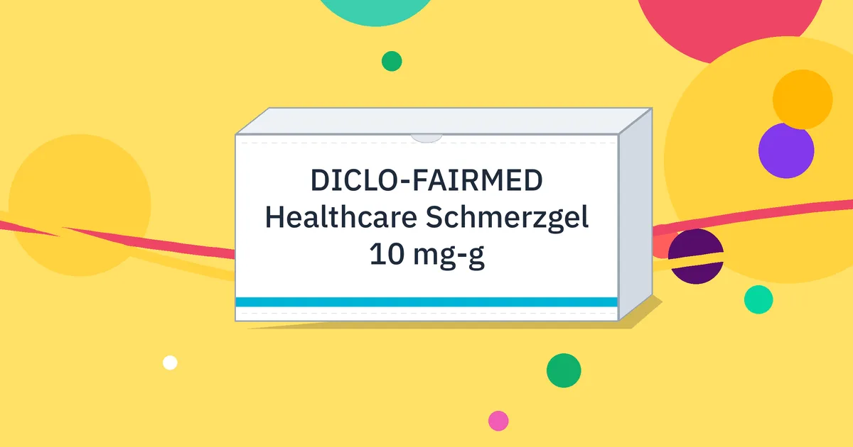 Symbolbild: Packung mit der Aufschrift DICLO-FAIRMED Healthcare Schmerzgel 10 mg-g (PZN 17543414) – Verfügbarkeit und Bezug in Apotheken in Frankfurt am Main