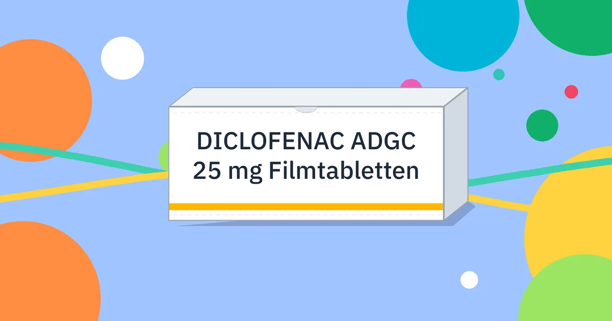 Symbolbild: Packung mit der Aufschrift DICLOFENAC ADGC 25 mg Filmtabletten (PZN 19348970) – Verfügbarkeit und Bezug in Apotheken in Frankfurt am Main