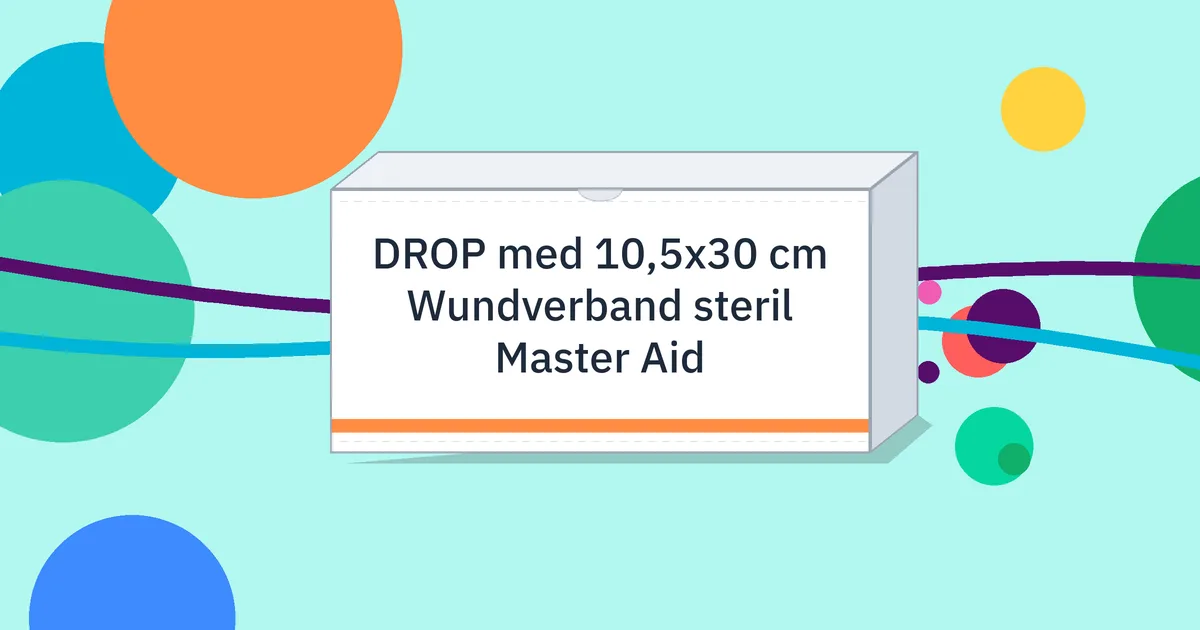 Symbolbild: Packung mit der Aufschrift DROP med 10,5x30 cm Wundverband steril Master Aid (PZN 06471019) – Verfügbarkeit und Bezug in Apotheken in Frankfurt am Main