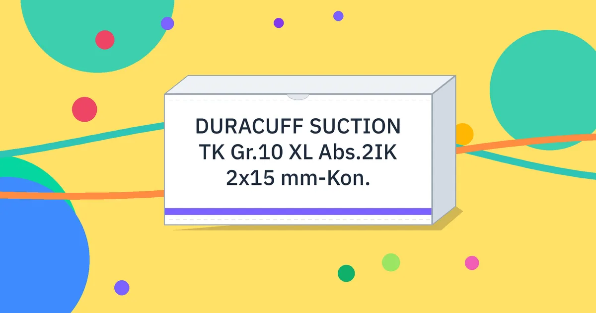Symbolbild: Packung mit der Aufschrift DURACUFF SUCTION TK Gr.10 XL Abs.2IK 2x15 mm-Kon. (PZN 04964462) – Verfügbarkeit und Bezug in Apotheken in Frankfurt am Main