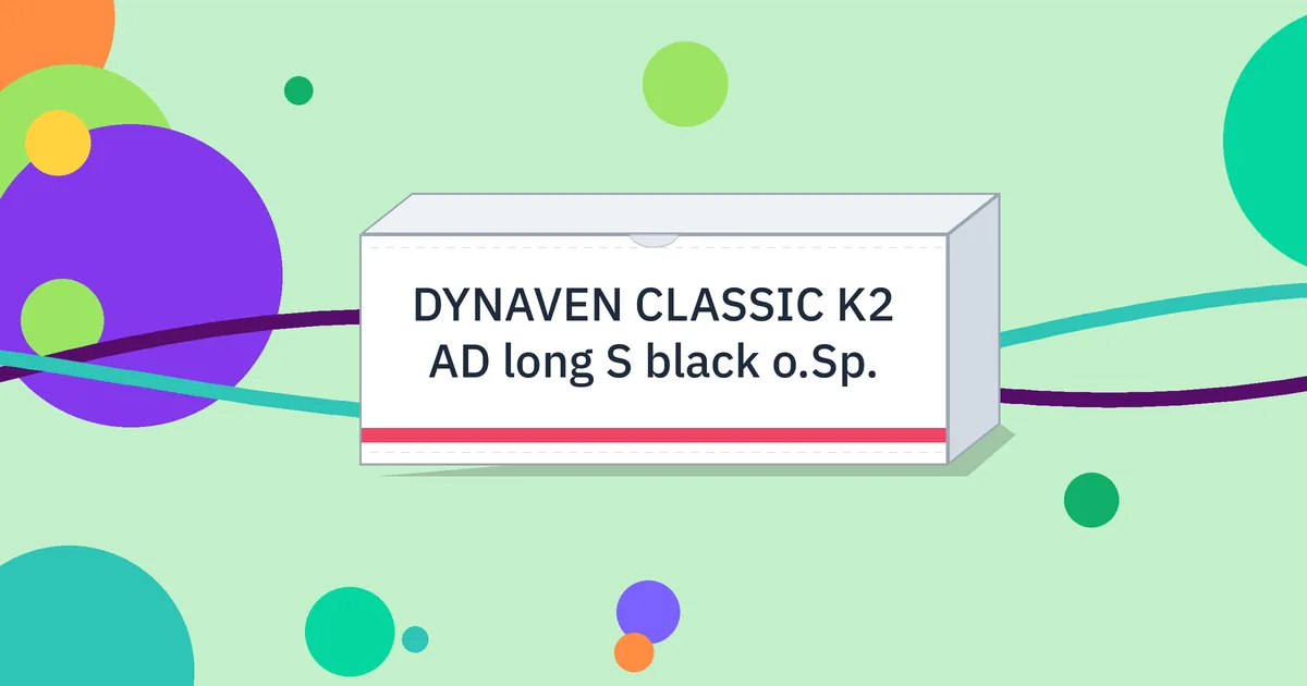 Symbolbild: Packung mit der Aufschrift DYNAVEN CLASSIC K2 AD long S black o.Sp. (PZN 18417077) – Verfügbarkeit und Bezug in Apotheken in Frankfurt am Main