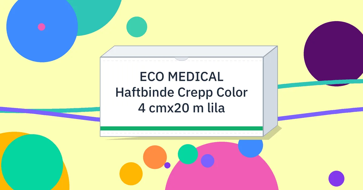 Symbolbild: Packung mit der Aufschrift ECO MEDICAL Haftbinde Crepp Color 4 cmx20 m lila (PZN 01322728) – Verfügbarkeit und Bezug in Apotheken in Frankfurt am Main