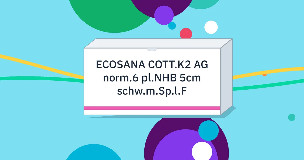 Symbolbild: Packung mit der Aufschrift ECOSANA COTT.K2 AG norm.6 pl.NHB 5cm schw.m.Sp.l.F (PZN 16950695) – Verfügbarkeit und Bezug in Apotheken in Frankfurt am Main