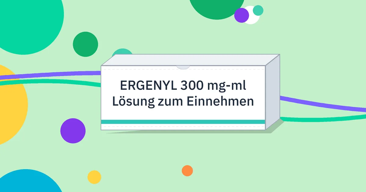 Symbolbild: Packung mit der Aufschrift ERGENYL 300 mg-ml Lösung zum Einnehmen (PZN 01489701) – Verfügbarkeit und Bezug in Apotheken in Frankfurt am Main