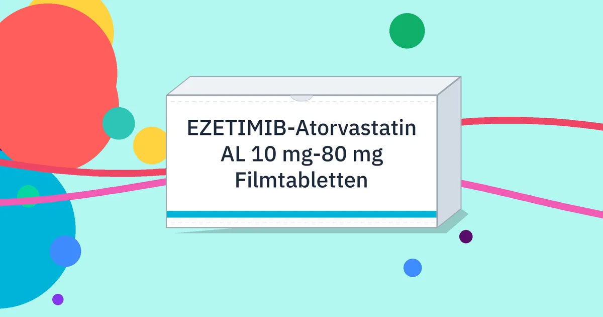 Symbolbild: Packung mit der Aufschrift EZETIMIB-Atorvastatin AL 10 mg-80 mg Filmtabletten (PZN 19181234) – Verfügbarkeit und Bezug in Apotheken in Frankfurt am Main
