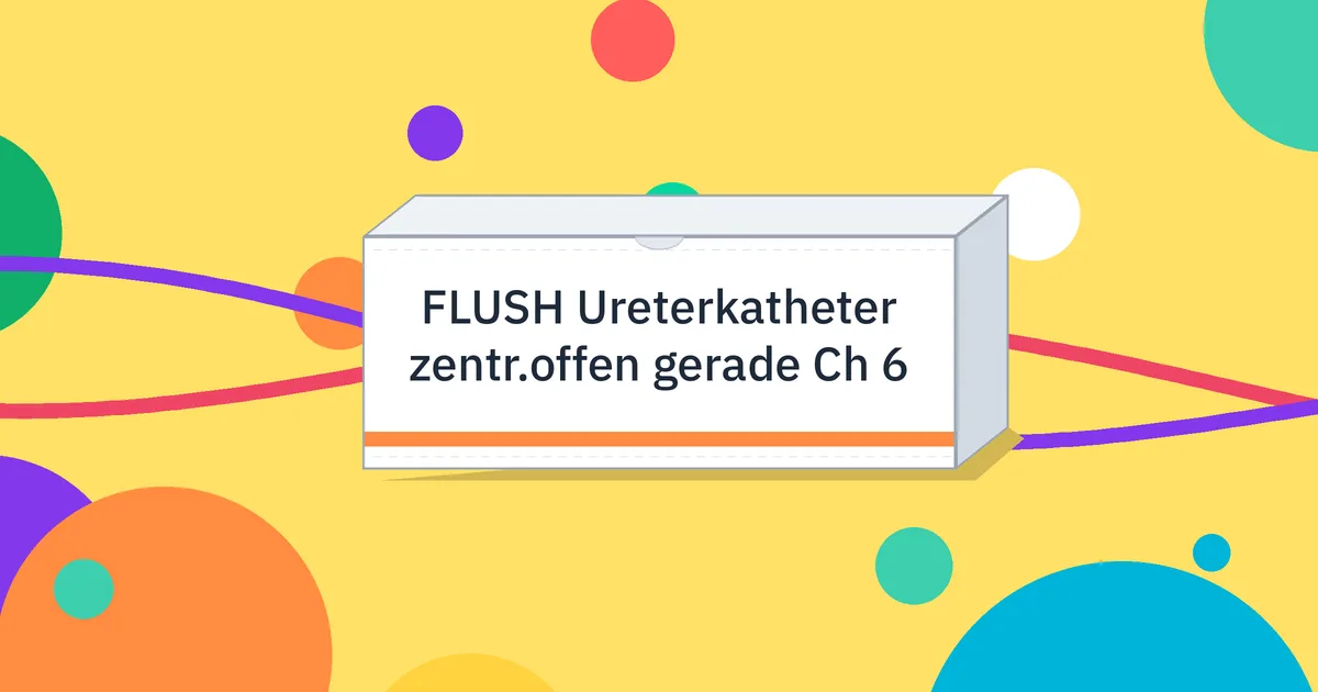 Symbolbild: Packung mit der Aufschrift FLUSH Ureterkatheter zentr.offen gerade Ch 6 (PZN 17998617) – Verfügbarkeit und Bezug in Apotheken in Frankfurt am Main