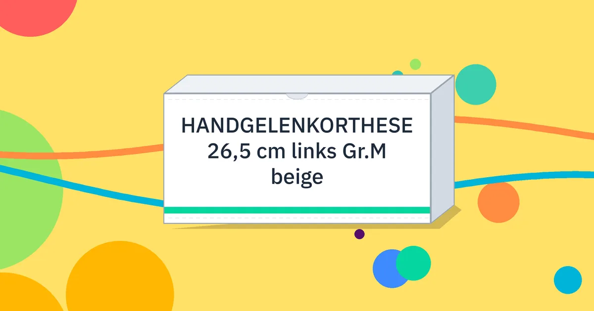 Symbolbild: Packung mit der Aufschrift HANDGELENKORTHESE 26,5 cm links Gr.M beige (PZN 03388588) – Verfügbarkeit und Bezug in Apotheken in Frankfurt am Main