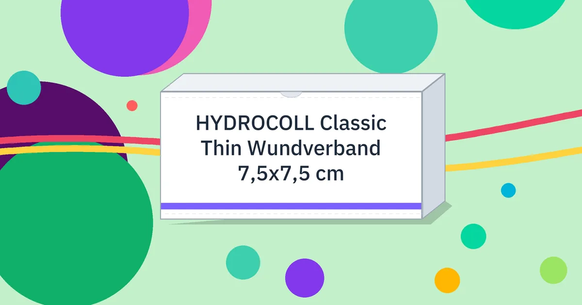 Symbolbild: Packung mit der Aufschrift HYDROCOLL Classic Thin Wundverband 7,5x7,5 cm (PZN 19851166) – Verfügbarkeit und Bezug in Apotheken in Frankfurt am Main