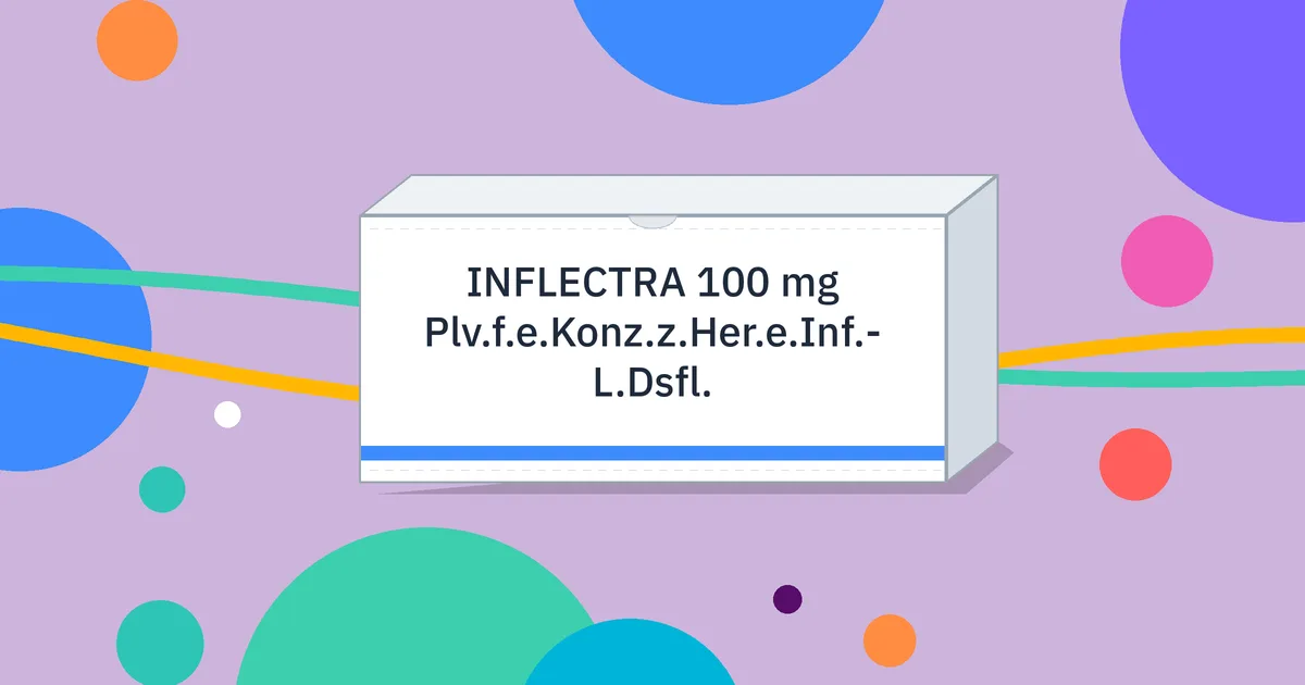 Symbolbild: Packung mit der Aufschrift INFLECTRA 100 mg Plv.f.e.Konz.z.Her.e.Inf.-L.Dsfl. (PZN 11144245) – Verfügbarkeit und Bezug in Apotheken in Frankfurt am Main