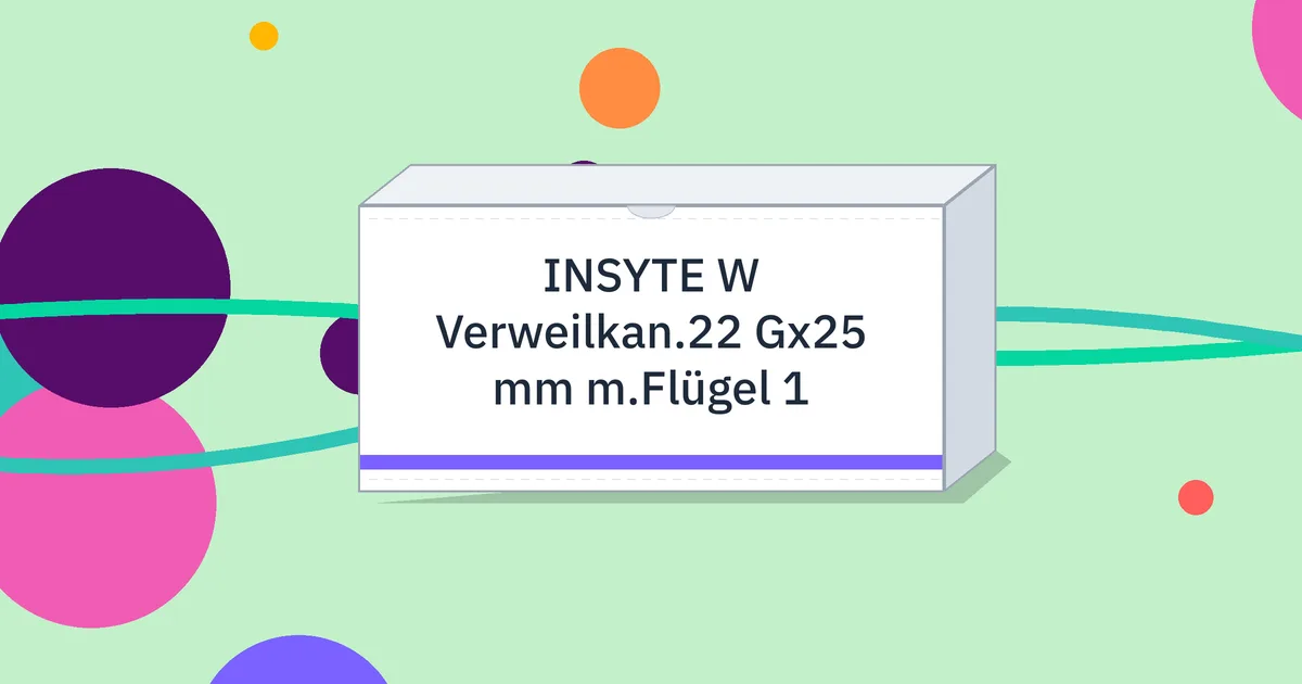 Symbolbild: Packung mit der Aufschrift INSYTE W Verweilkan.22 Gx25 mm m.Flügel 1 (PZN 13871268) – Verfügbarkeit und Bezug in Apotheken in Frankfurt am Main
