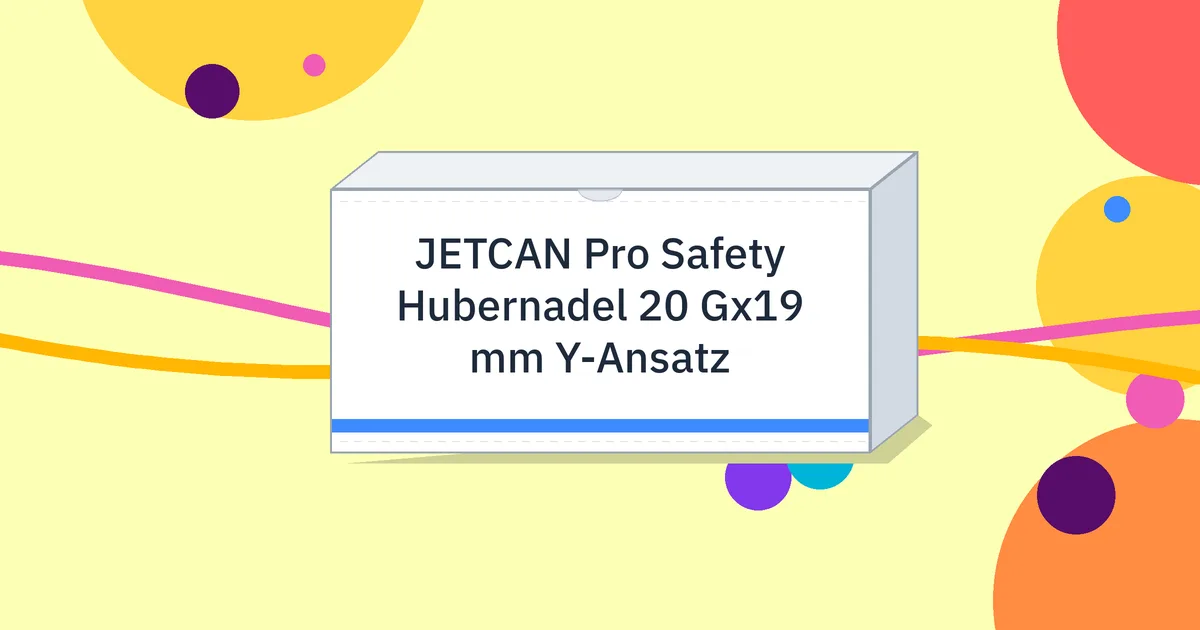 Symbolbild: Packung mit der Aufschrift JETCAN Pro Safety Hubernadel 20 Gx19 mm Y-Ansatz (PZN 19238833) – Verfügbarkeit und Bezug in Apotheken in Frankfurt am Main