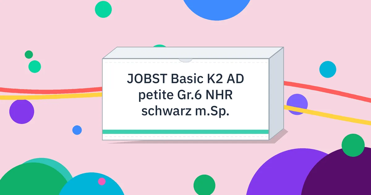 Symbolbild: Packung mit der Aufschrift JOBST Basic K2 AD petite Gr.6 NHR schwarz m.Sp. (PZN 15313319) – Verfügbarkeit und Bezug in Apotheken in Frankfurt am Main
