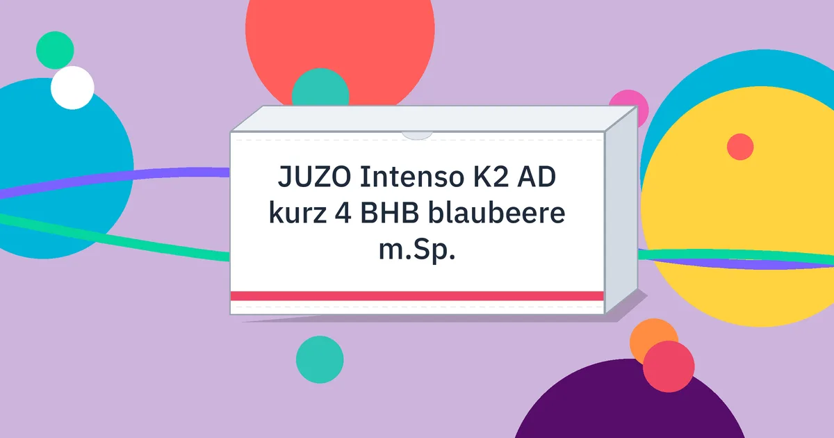 Symbolbild: Packung mit der Aufschrift JUZO Intenso K2 AD kurz 4 BHB blaubeere m.Sp. (PZN 18614553) – Verfügbarkeit und Bezug in Apotheken in Frankfurt am Main
