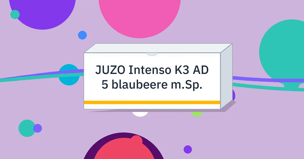 Symbolbild: Packung mit der Aufschrift JUZO Intenso K3 AD 5 blaubeere m.Sp. (PZN 18627461) – Verfügbarkeit und Bezug in Apotheken in Frankfurt am Main