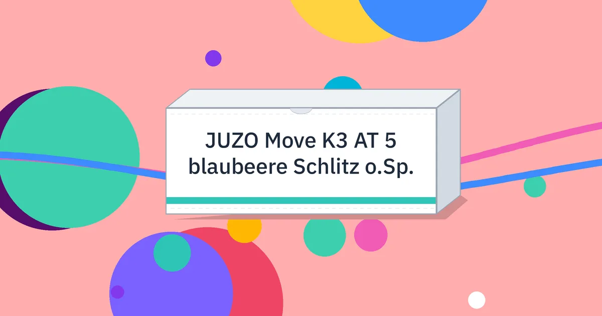 Symbolbild: Packung mit der Aufschrift JUZO Move K3 AT 5 blaubeere Schlitz o.Sp. (PZN 20679577) – Verfügbarkeit und Bezug in Apotheken in Frankfurt am Main