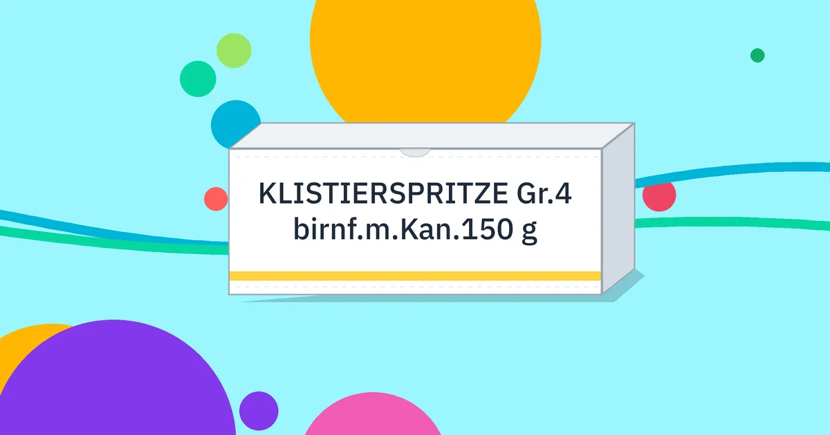 Symbolbild: Packung mit der Aufschrift KLISTIERSPRITZE Gr.4 birnf.m.Kan.150 g (PZN 03186488) – Verfügbarkeit und Bezug in Apotheken in Frankfurt am Main