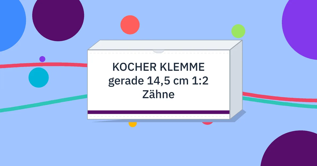 Symbolbild: Packung mit der Aufschrift KOCHER KLEMME gerade 14,5 cm 1:2 Zähne (PZN 02523305) – Verfügbarkeit und Bezug in Apotheken in Frankfurt am Main