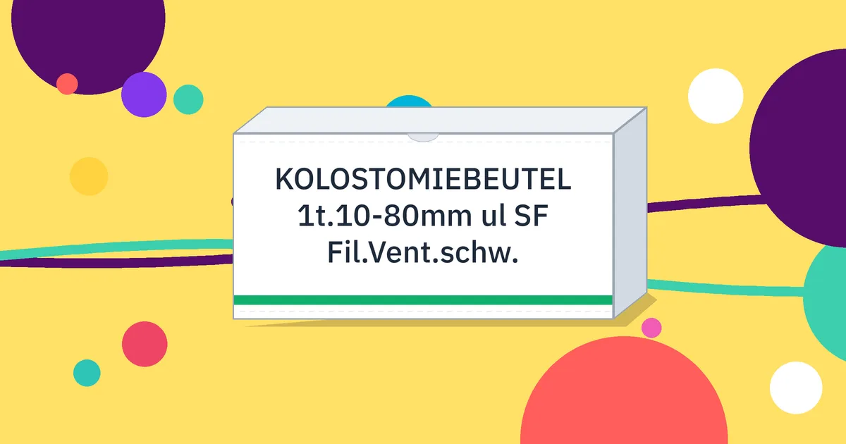 Symbolbild: Packung mit der Aufschrift KOLOSTOMIEBEUTEL 1t.10-80mm ul SF Fil.Vent.schw. (PZN 19296871) – Verfügbarkeit und Bezug in Apotheken in Frankfurt am Main