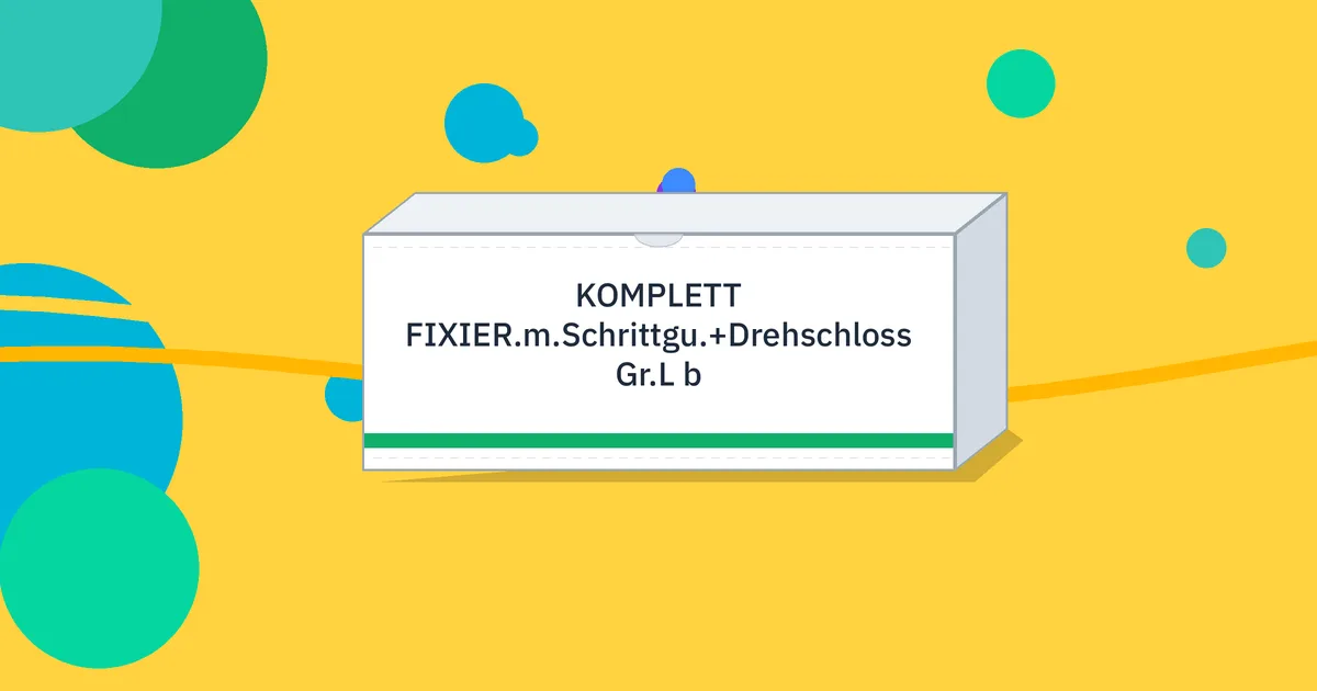 Symbolbild: Packung mit der Aufschrift KOMPLETT FIXIER.m.Schrittgu.+Drehschloss Gr.L b (PZN 11573207) – Verfügbarkeit und Bezug in Apotheken in Frankfurt am Main