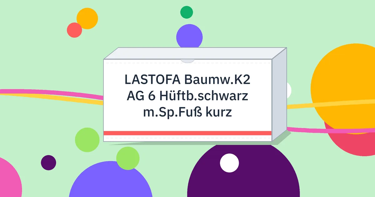 Symbolbild: Packung mit der Aufschrift LASTOFA Baumw.K2 AG 6 Hüftb.schwarz m.Sp.Fuß kurz (PZN 01949663) – Verfügbarkeit und Bezug in Apotheken in Frankfurt am Main