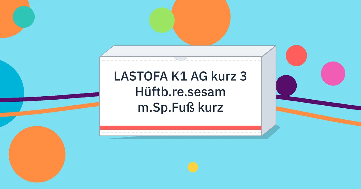 Symbolbild: Packung mit der Aufschrift LASTOFA K1 AG kurz 3 Hüftb.re.sesam m.Sp.Fuß kurz (PZN 13798181) – Verfügbarkeit und Bezug in Apotheken in Frankfurt am Main