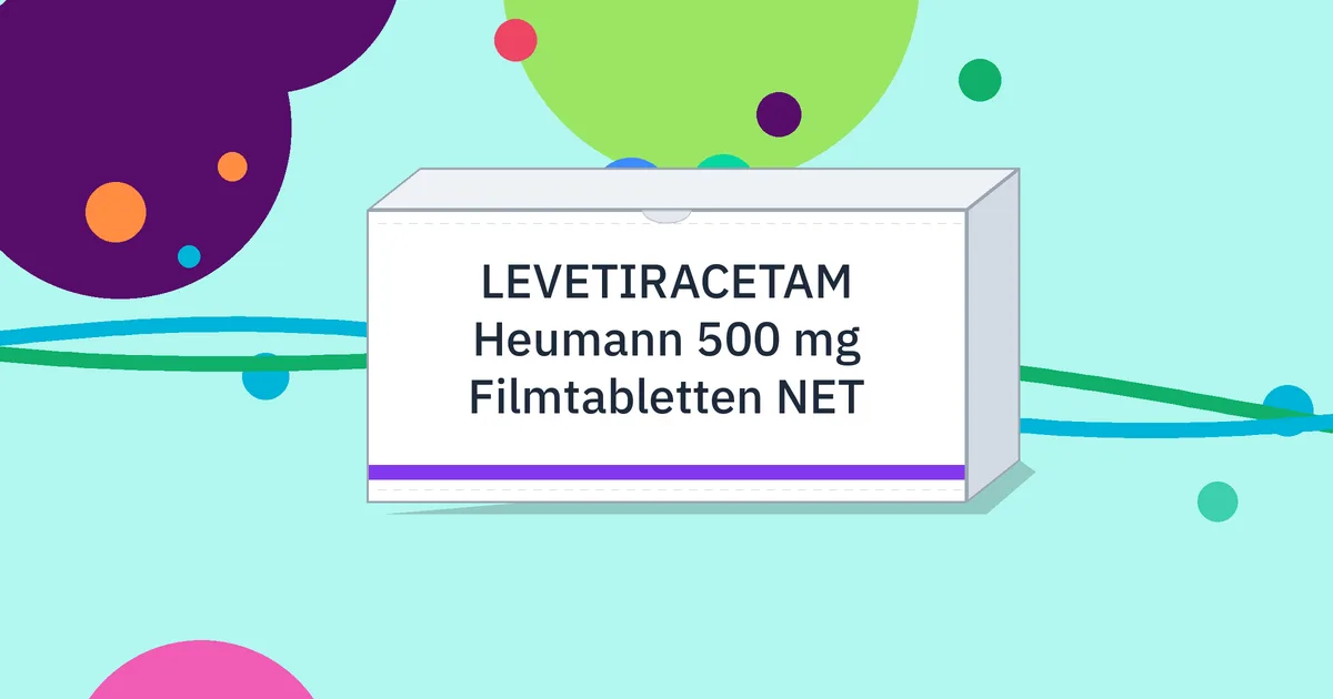 Symbolbild: Packung mit der Aufschrift LEVETIRACETAM Heumann 500 mg Filmtabletten NET (PZN 16139102) – Verfügbarkeit und Bezug in Apotheken in Frankfurt am Main