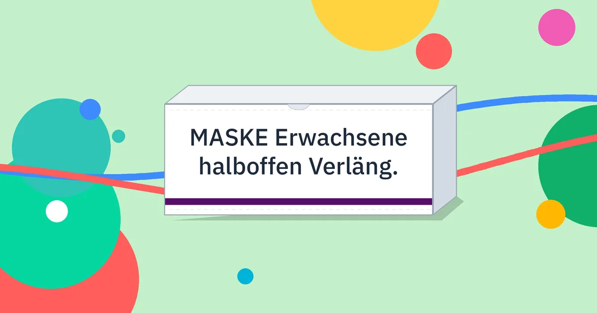 Symbolbild: Packung mit der Aufschrift MASKE Erwachsene halboffen Verläng. (PZN 20204911) – Verfügbarkeit und Bezug in Apotheken in Frankfurt am Main