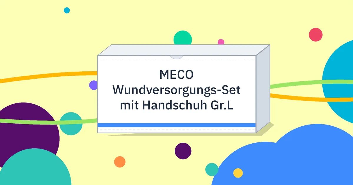 Symbolbild: Packung mit der Aufschrift MECO Wundversorgungs-Set mit Handschuh Gr.L (PZN 19621590) – Verfügbarkeit und Bezug in Apotheken in Frankfurt am Main