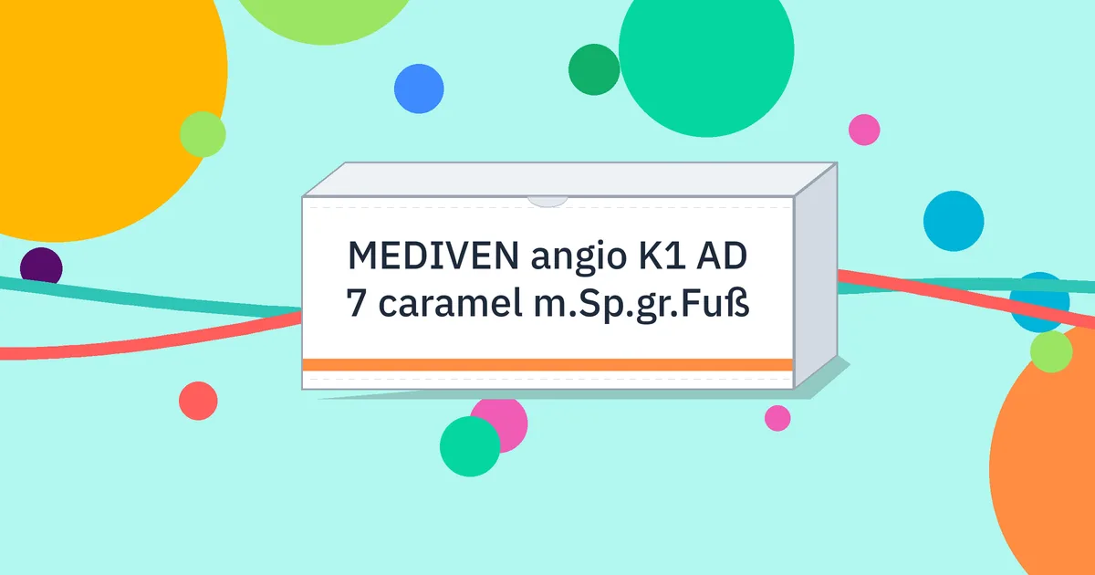 Symbolbild: Packung mit der Aufschrift MEDIVEN angio K1 AD 7 caramel m.Sp.gr.Fuß (PZN 17210084) – Verfügbarkeit und Bezug in Apotheken in Frankfurt am Main