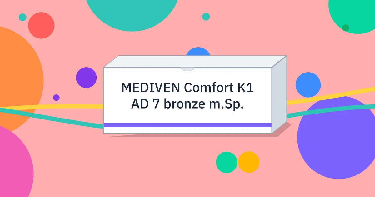 Symbolbild: Packung mit der Aufschrift MEDIVEN Comfort K1 AD 7 bronze m.Sp. (PZN 14559225) – Verfügbarkeit und Bezug in Apotheken in Frankfurt am Main