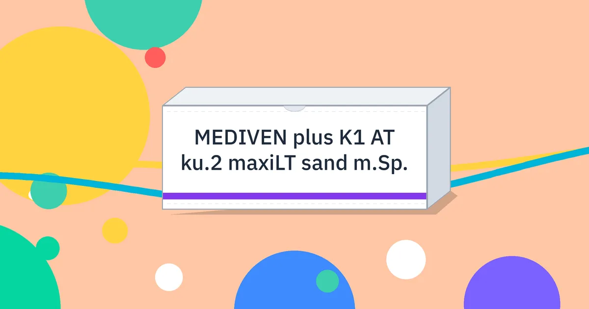 Symbolbild: Packung mit der Aufschrift MEDIVEN plus K1 AT ku.2 maxiLT sand m.Sp. (PZN 18942760) – Verfügbarkeit und Bezug in Apotheken in Frankfurt am Main